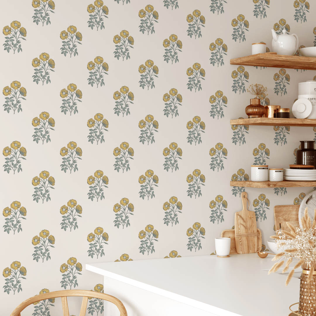 Yellow Block Print Wallpaper, Peel and Stick or Traditional